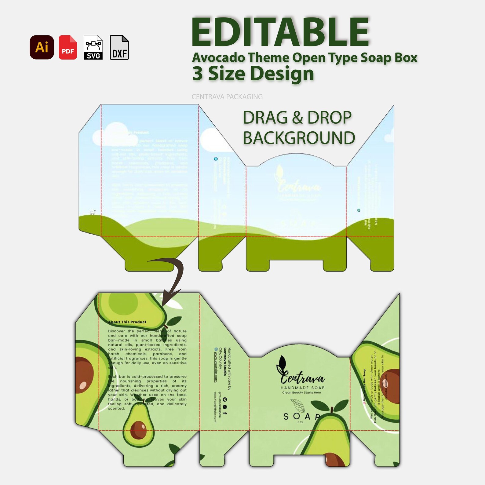 Bundle 3 Sizes Avocado Soap Box Canva Template: Canva Editable ...