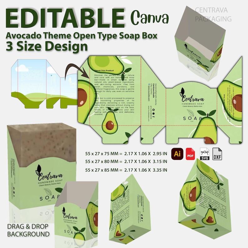 Bundle 3 Sizes Avocado Soap Box Canva Template: Canva Editable ...