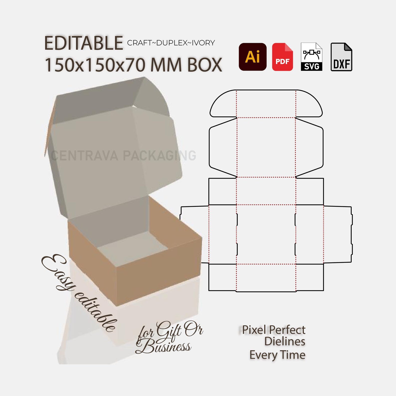 Shipping Box Dieline Template | 150x150x70mm | Self Locking SVG Cut ...