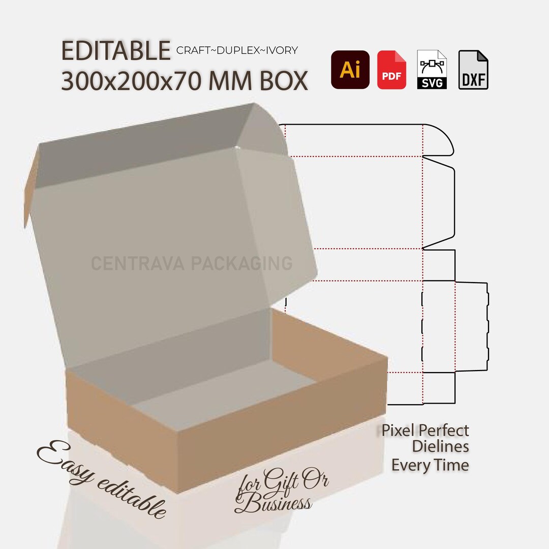 Printable Shipping Box SVG | 300x200x70mm Self Locking Packaging Cut ...