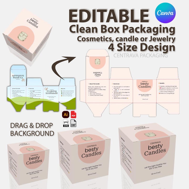 Bundle 4 Sizes Clean Candle Box Canva Template | Editable Candle ...