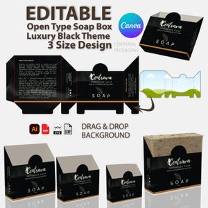 Luxury Black Theme Open Type Soap Box Template for Canva 4 in 1 | Soap ...