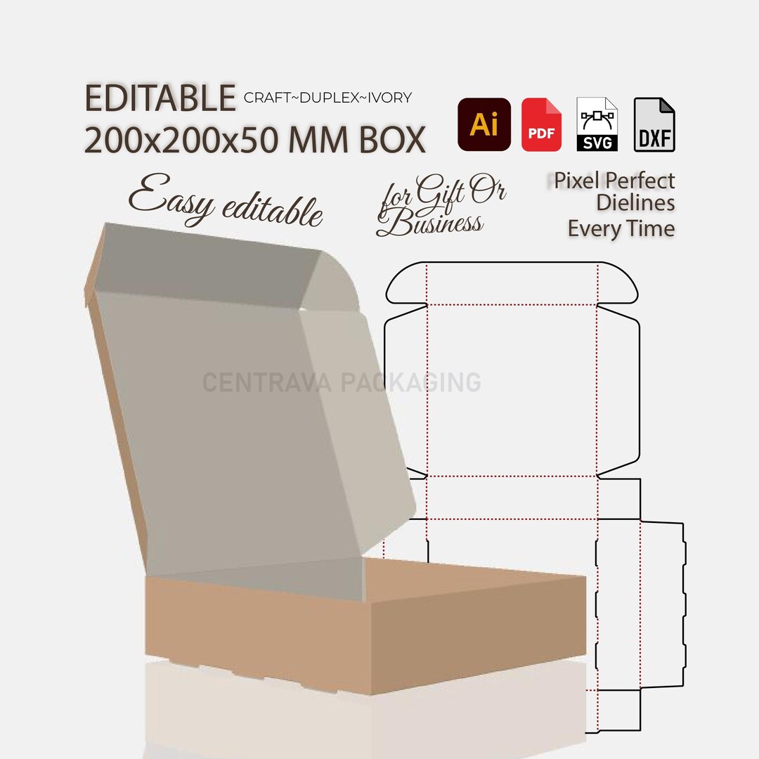 200x200x50mm Shipping Box SVG Template | Self Locking Dieline | Digital ...