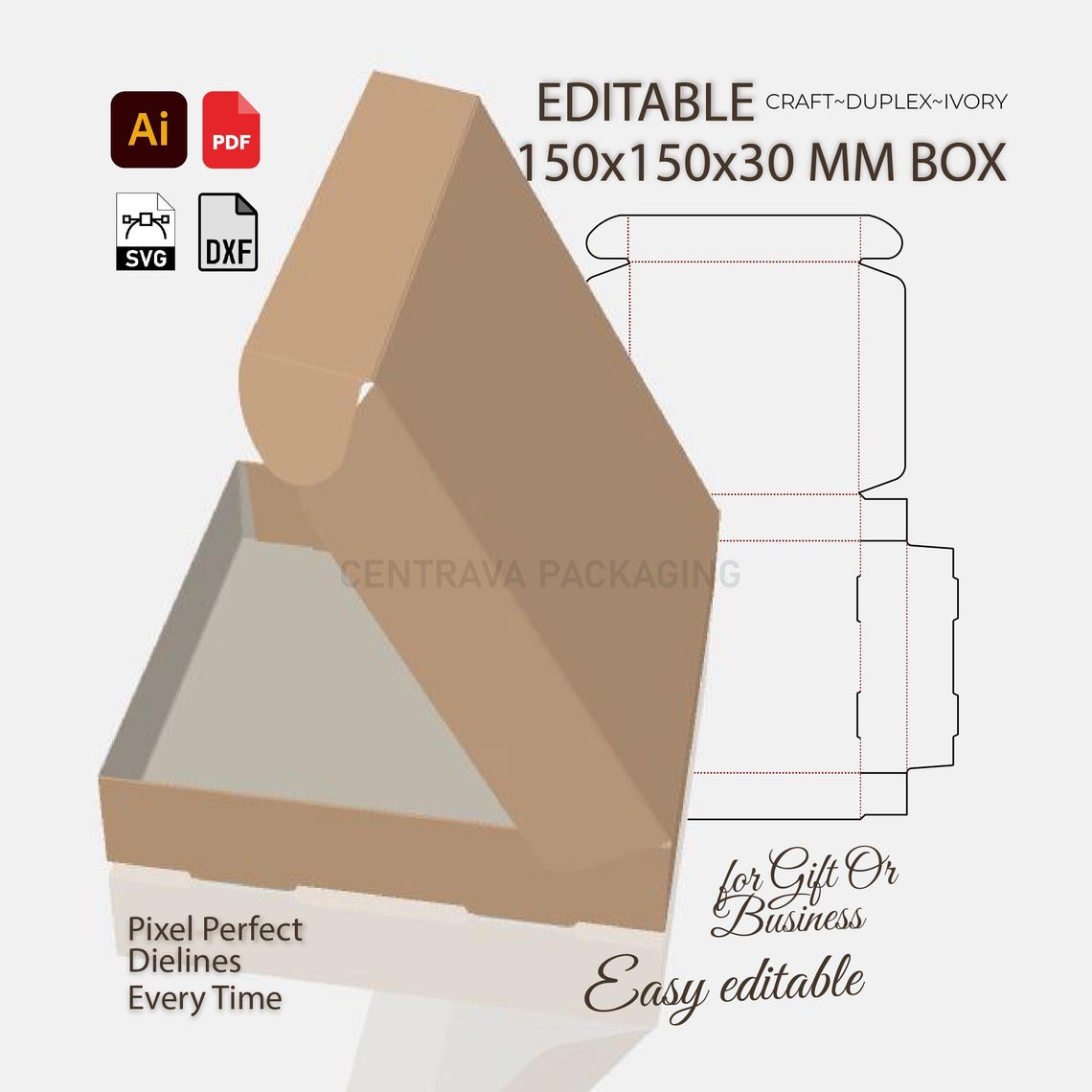 Square Gift Box Template Self Locking Packaging | 150x150x30mm Dieline ...