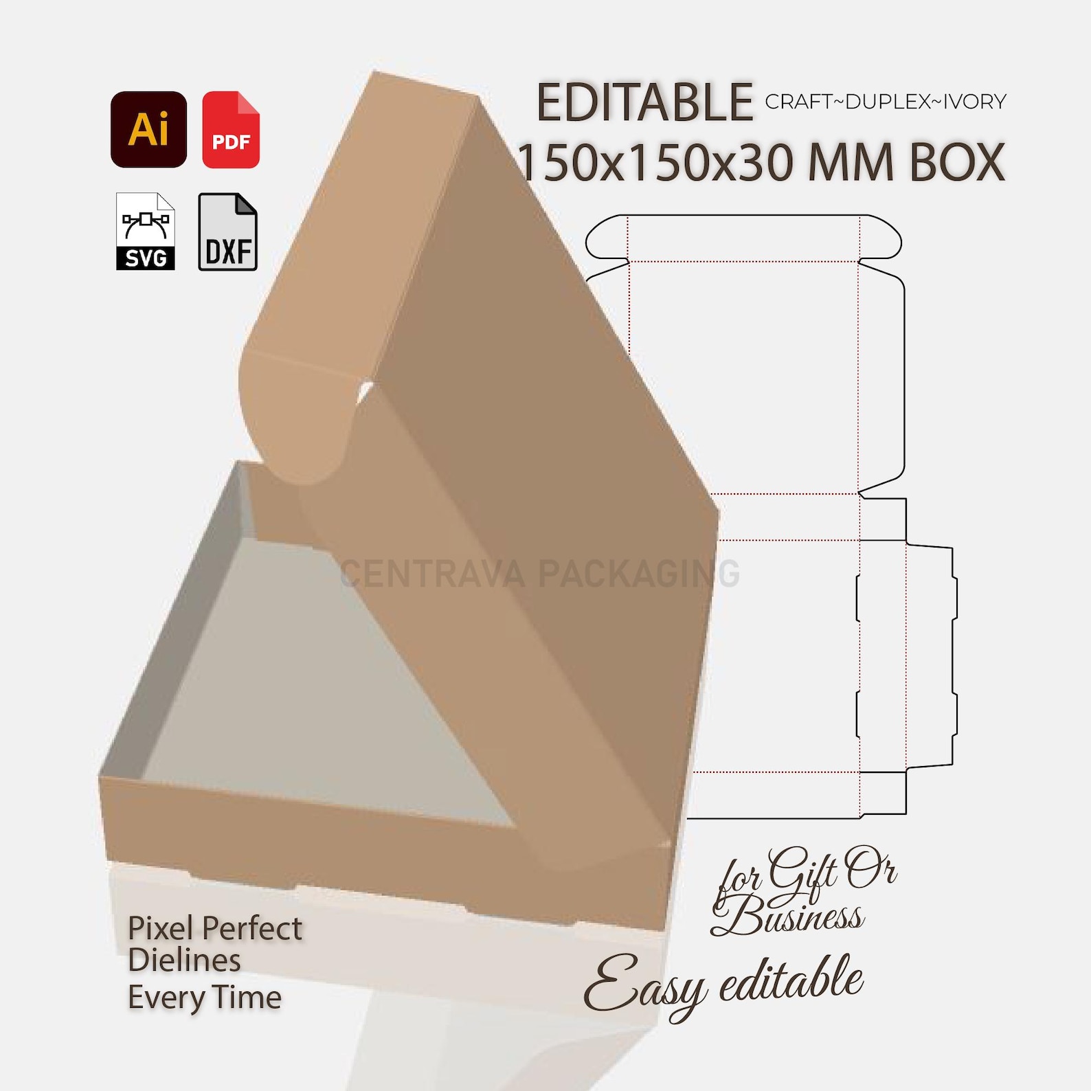 Square Gift Box Template: Self-locking Packaging Dieline (digital ...