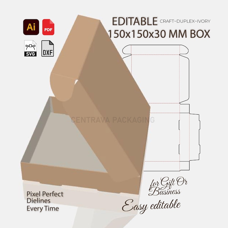 Square Gift Box Template: Self-locking Packaging Dieline (digital ...