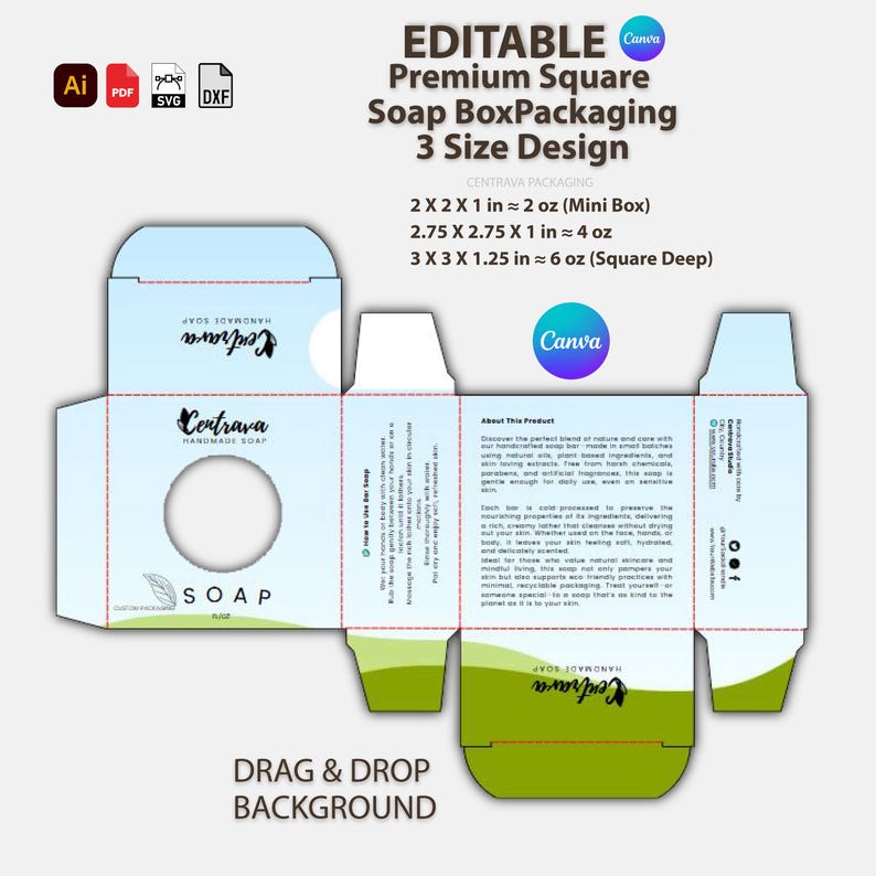 Bundle 3 Sizes Square Soap Box With Window Canva Template | Soap ...