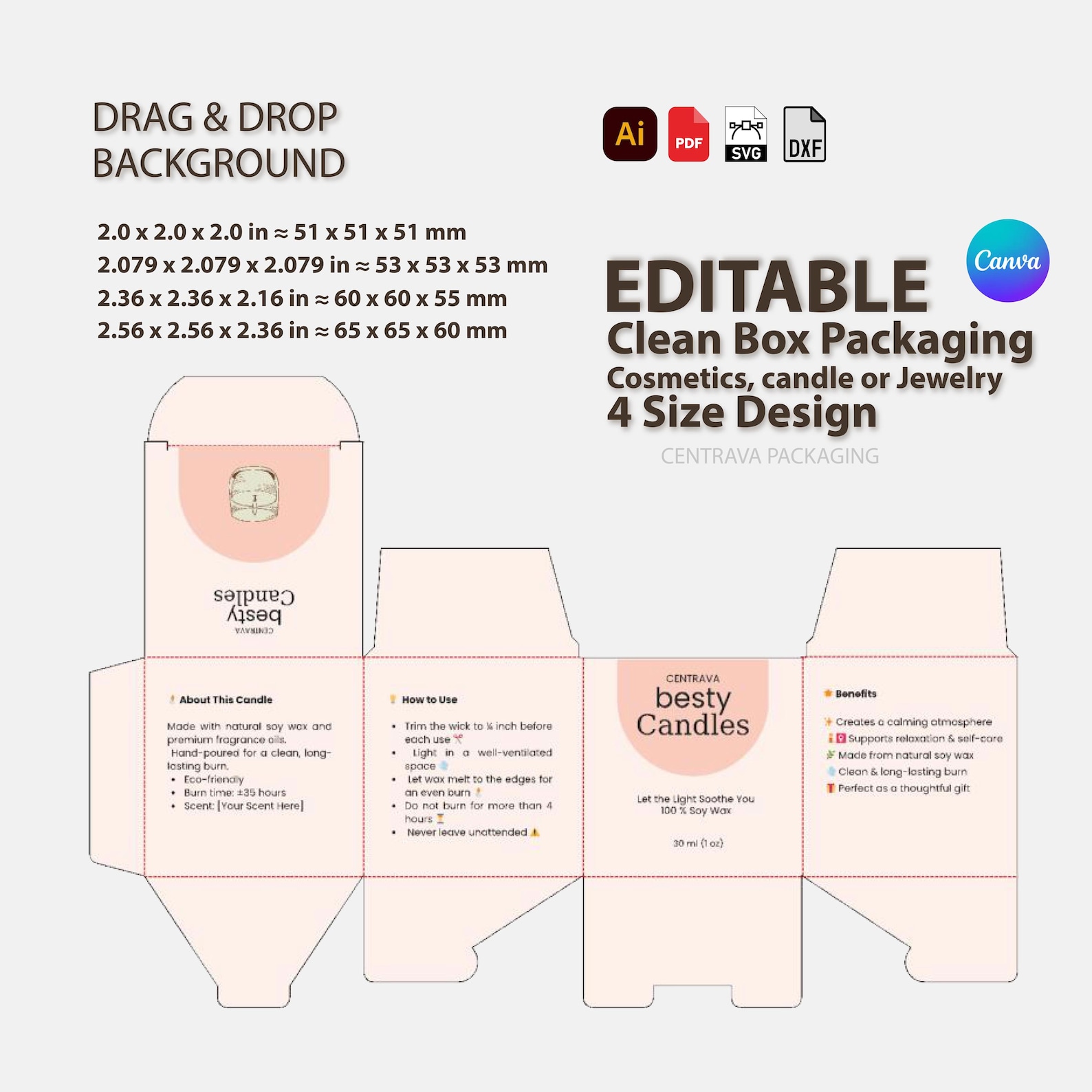 Bundle 4 Sizes Clean Candle Box Canva Template | Editable Candle ...