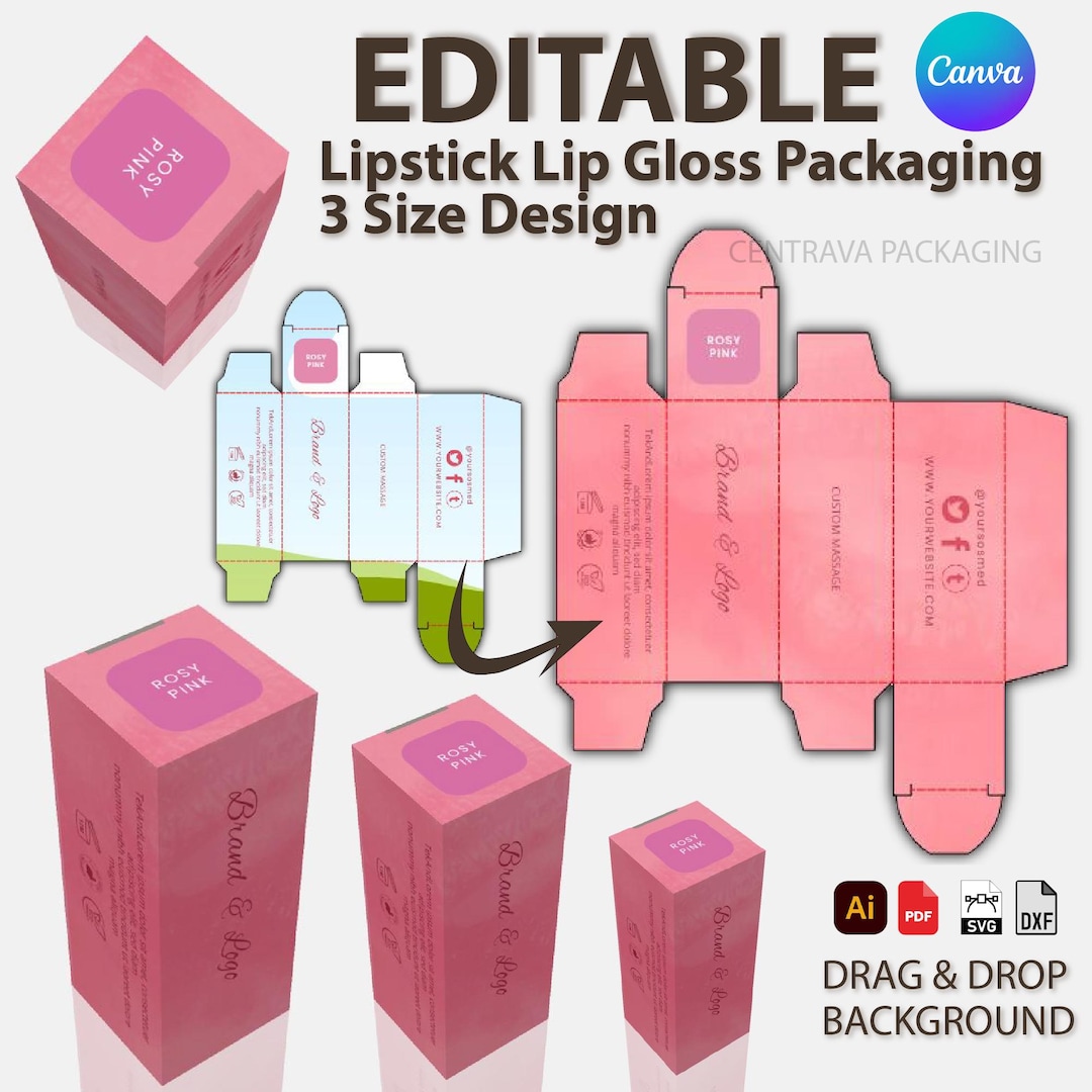 Bundle 3 Sizes Lipstick or Lip Balm Box Template Editable in Canva ...