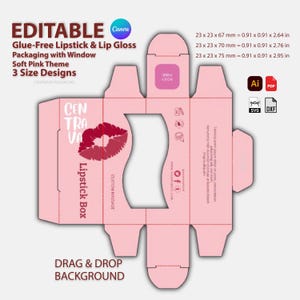 Bundle 3 Sizes Glue Free Lipstick Box Editable Canva Template Soft Pink ...