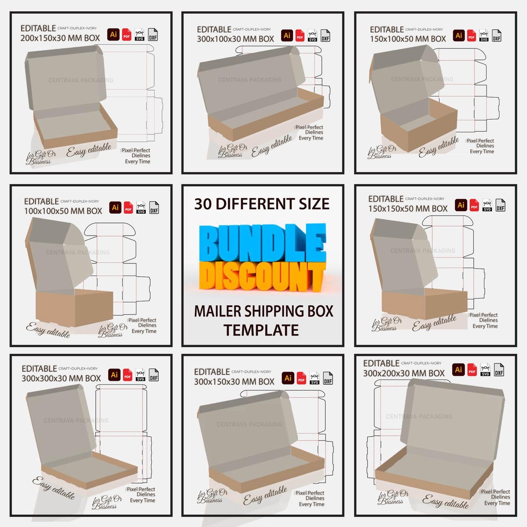 Mega Bundle 30 Sizes Mailer Box Template Bundle | Packaging Dieline Svg ...