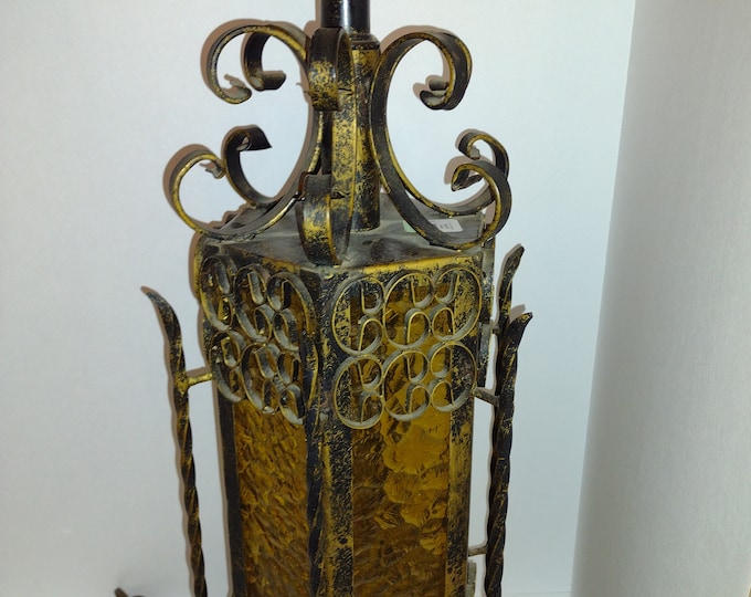 Vintage Spanish Revival Cast Iron Table Lamp With Amber Textured Glass ...