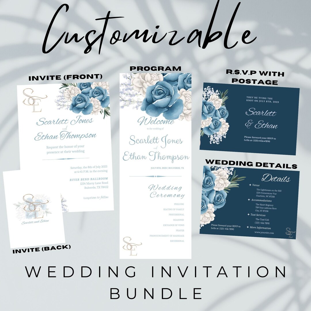 CUSTOMIZABLE WEDDING Invitation Bundle Editable Wedding Invitation ...