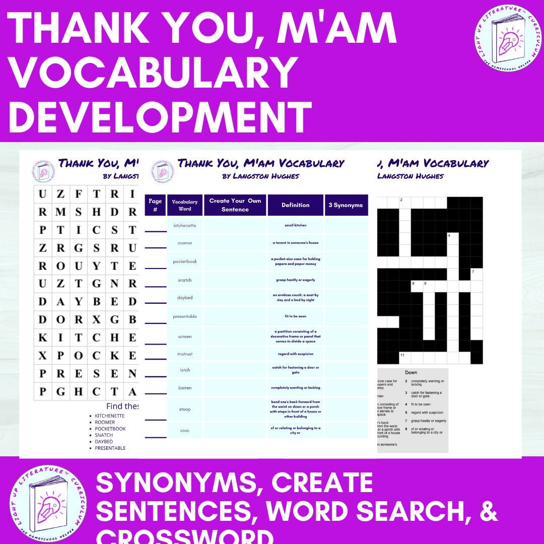 Thank You M'am Vocabulary Synonyms Create Sentences - Etsy