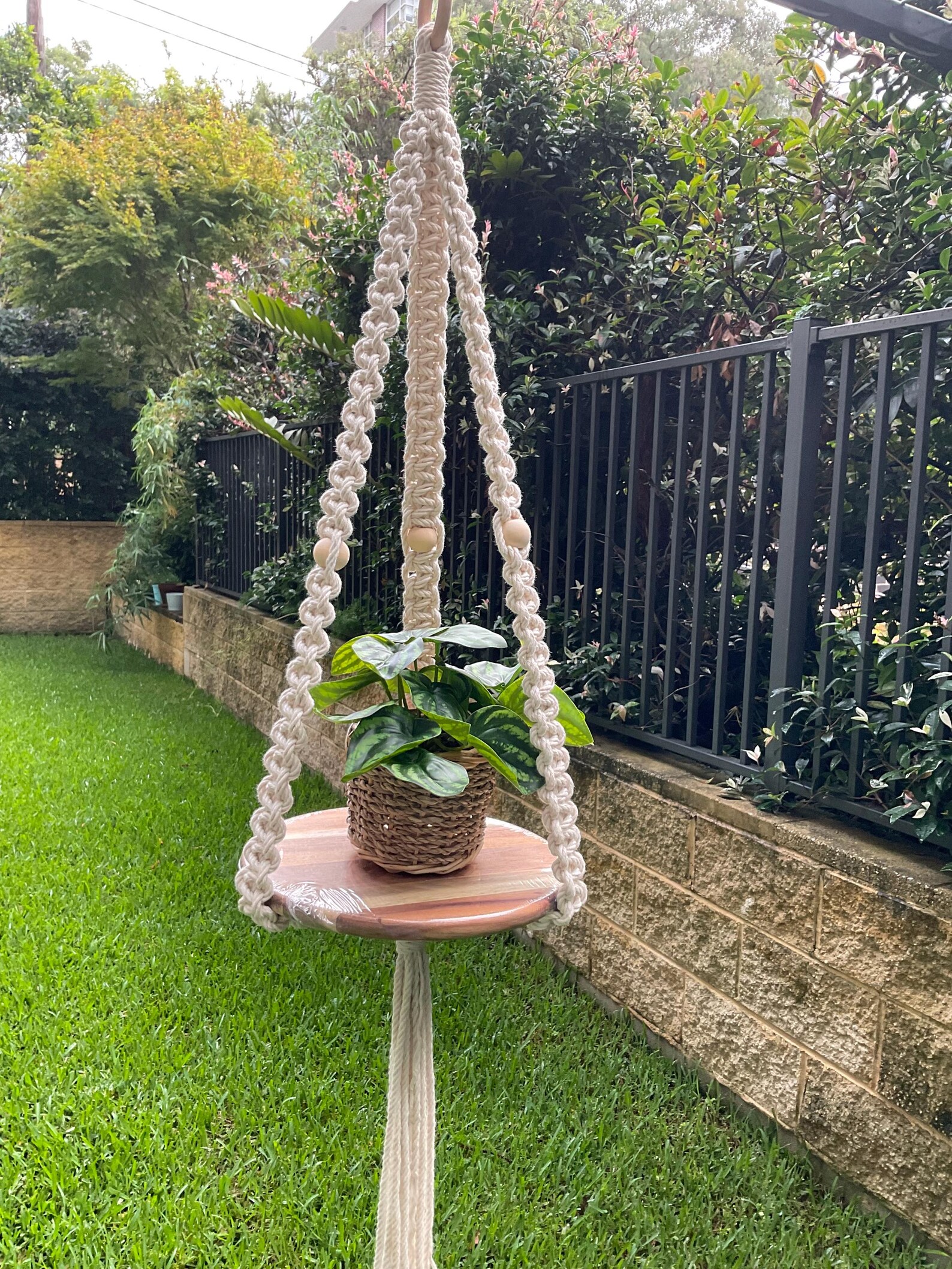 Macrame Plant Hanger With Acacia Wood Shelf: Boho Home Decor - Etsy