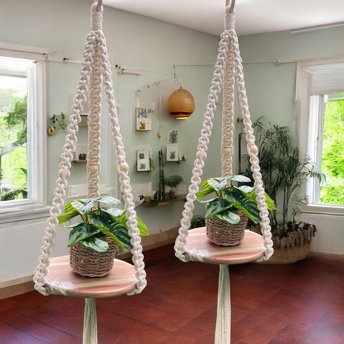 Macrame Plant Hanger With Acacia Wood Shelf: Boho Home Decor - Etsy