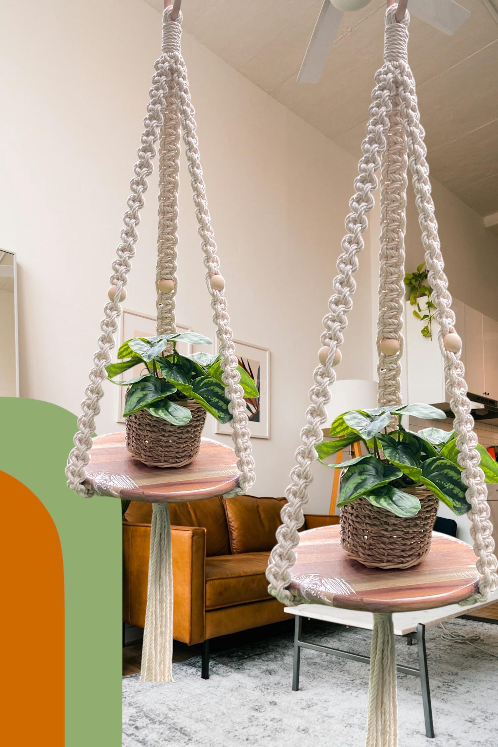 Macrame Plant Hanger With Acacia Wood Shelf: Boho Home Decor - Etsy