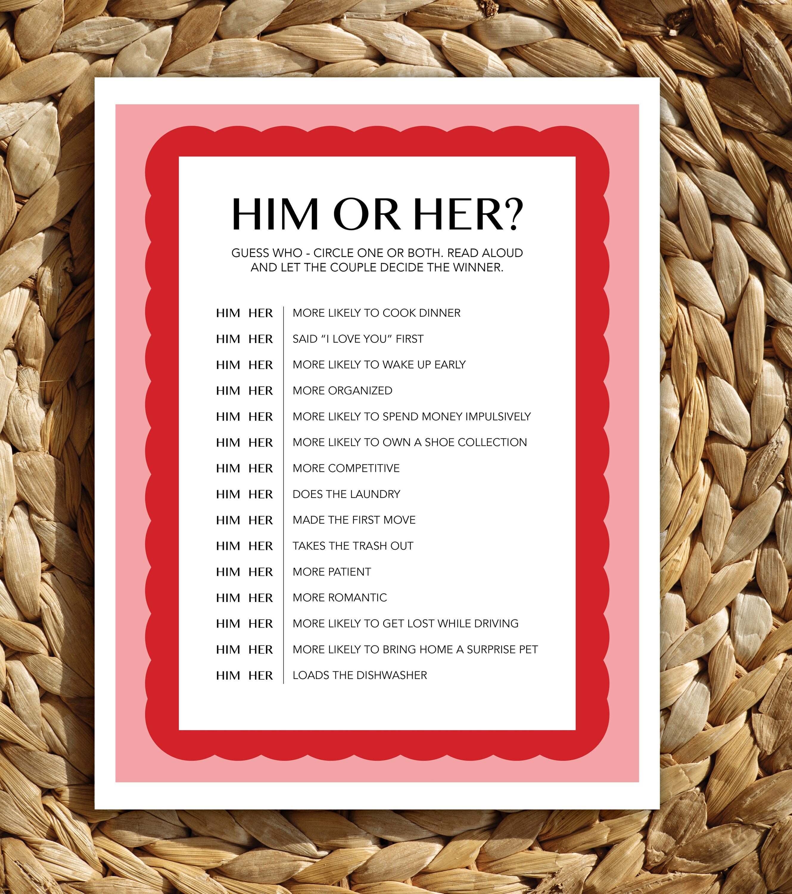 Him or Her Wedding Shower Game: Printable Bridal Shower Fun (digital Download) - Etsy