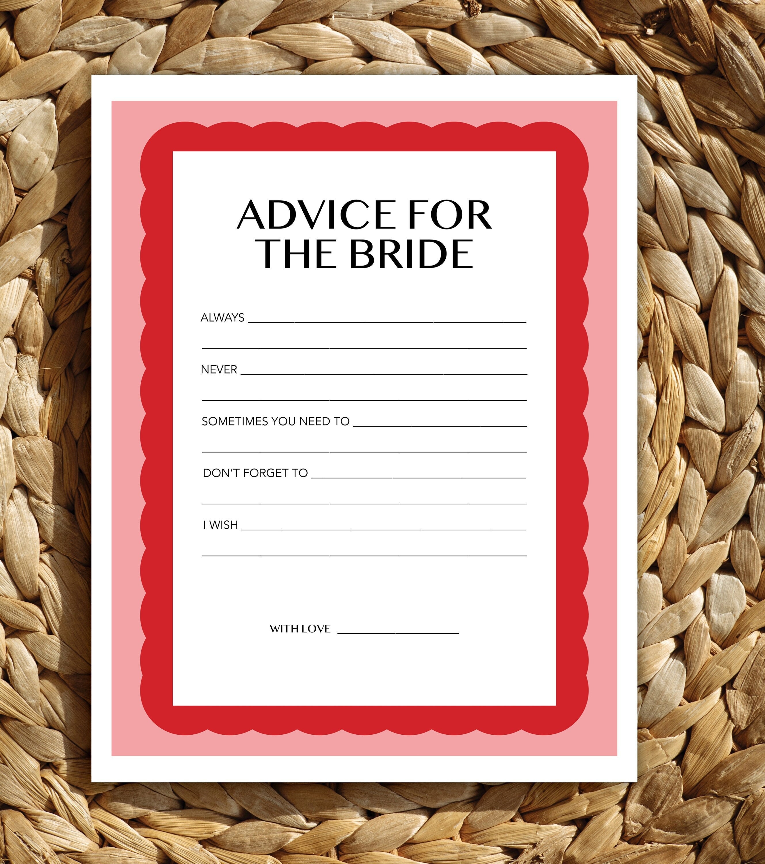 Advice for the Bride Printable Wedding, Bridal Shower, Bachelorette ...