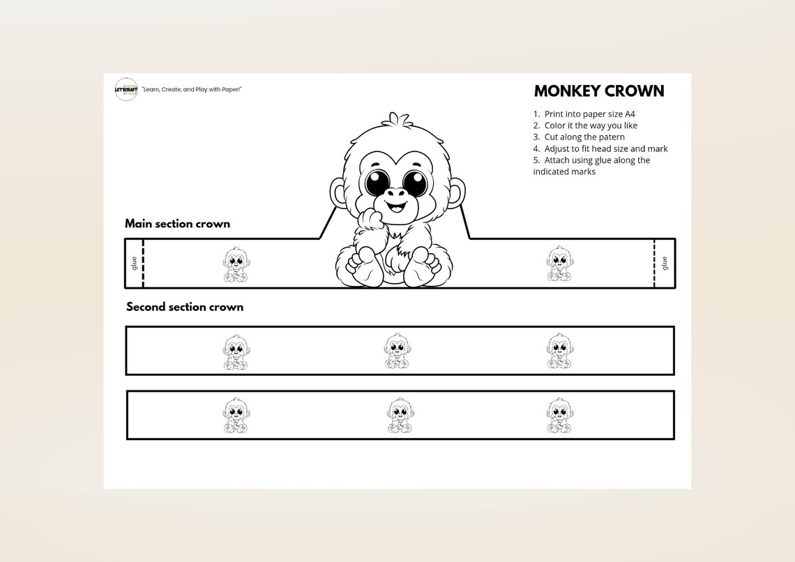Printable Animal Crown for Kids – Monkey Paper Crown (A4 PDF) | DIY ...
