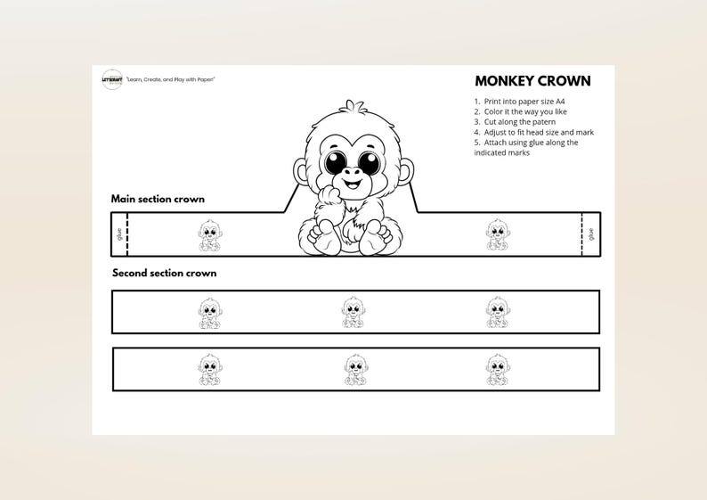 Printable Animal Crown for Kids – Monkey Paper Crown (A4 PDF) | DIY ...