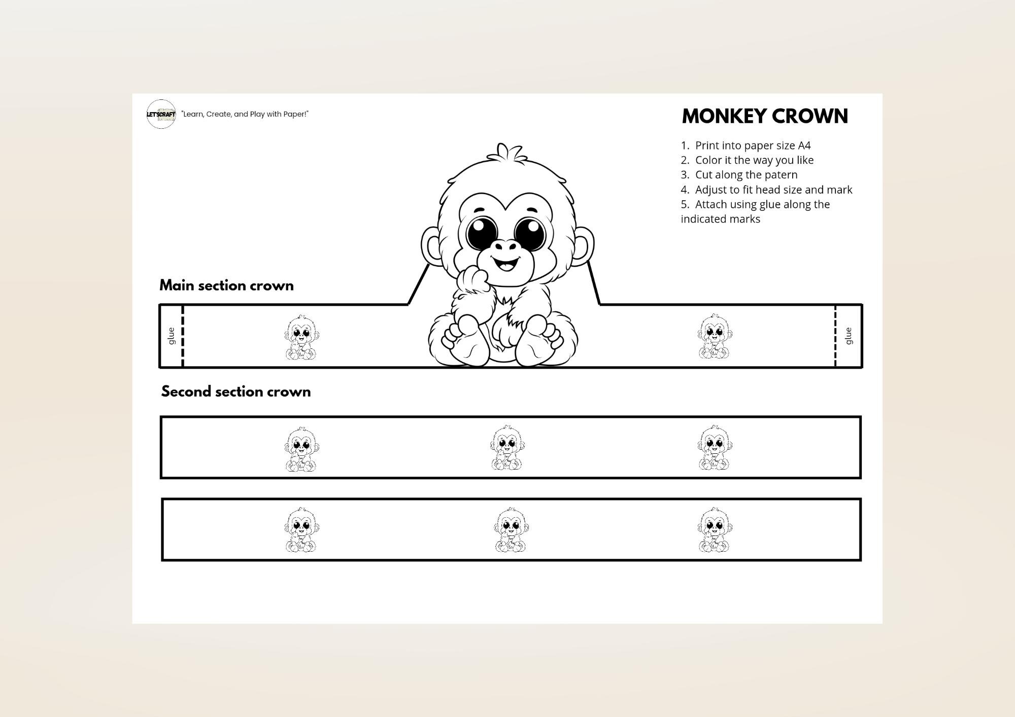 Printable Animal Crown for Kids – Monkey Paper Crown (A4 PDF) | DIY ...
