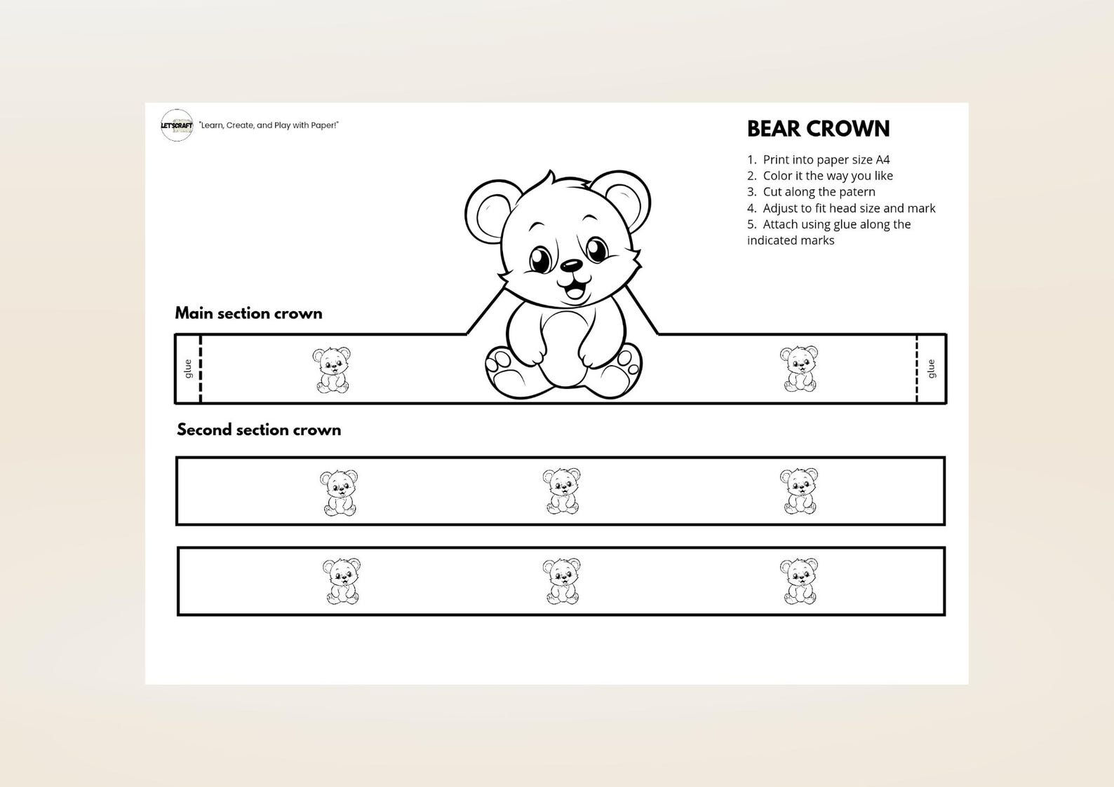 Printable Animal Crown for Kids – Bear Paper Crown (A4 PDF) | DIY Craft ...