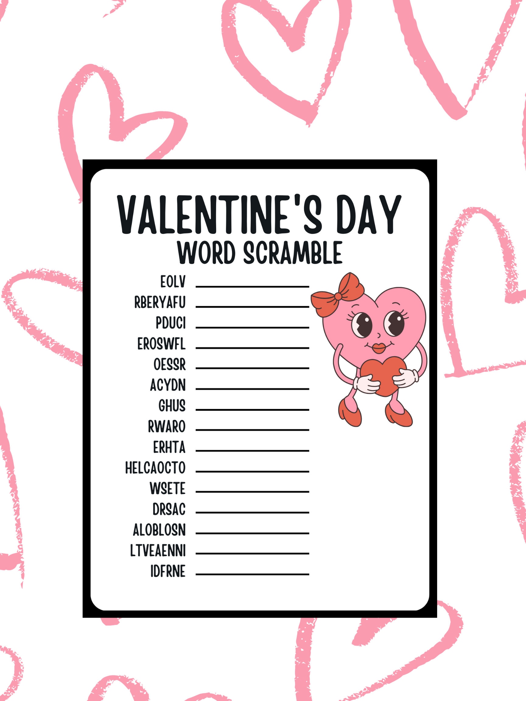 Printable Valentine's Day Word Scramble Worksheet - Etsy