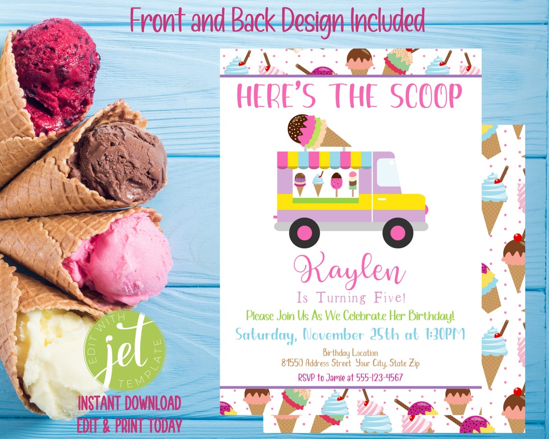 Buy Editable Ice Cream Birthday Invitation, Here's the Scoop, Ice Cream ...