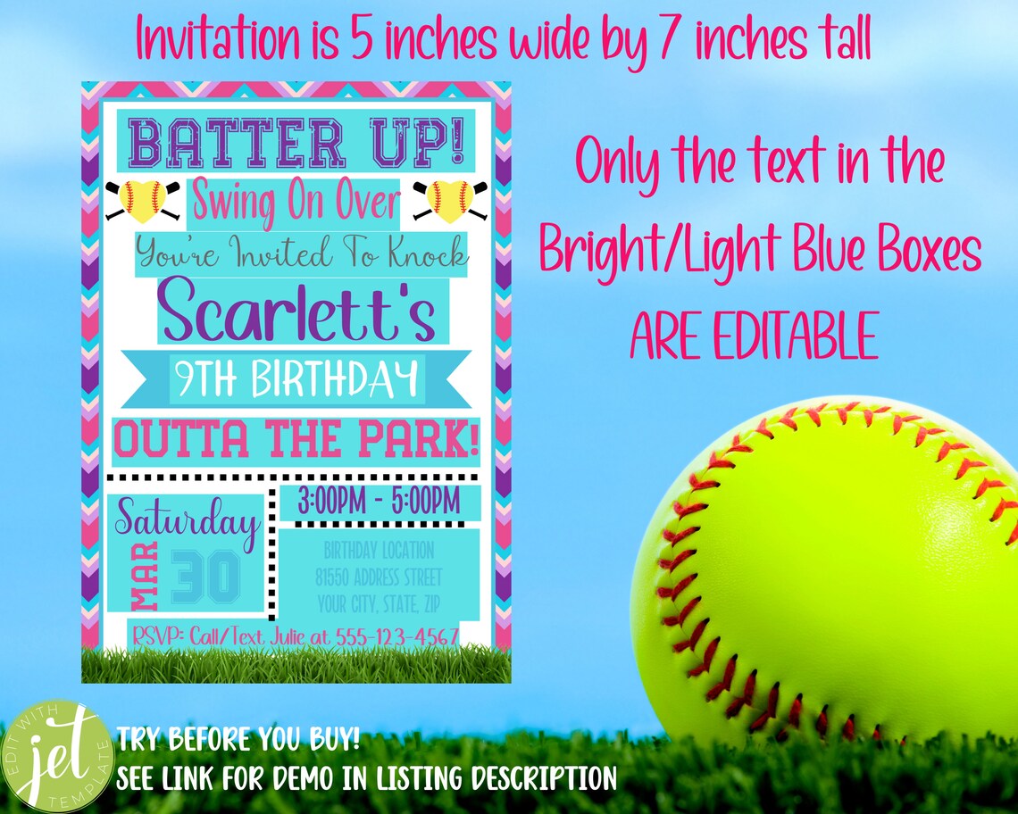 Editable Softball Invitation, Softball Birthday Invitation, Softball ...