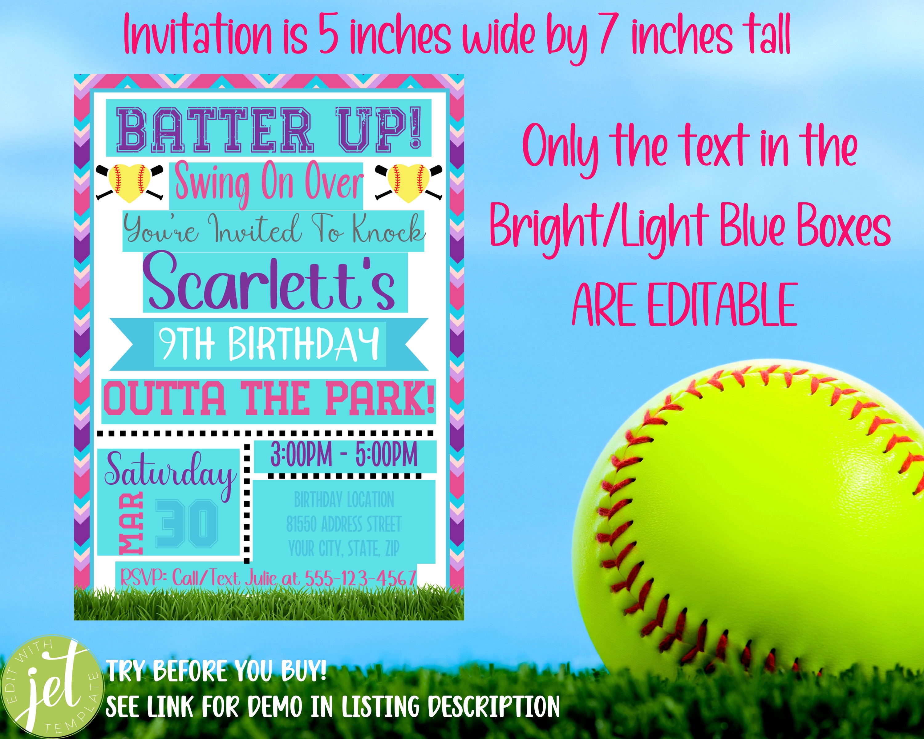 Editable Softball Invitation, Softball Birthday Invitation, Softball ...