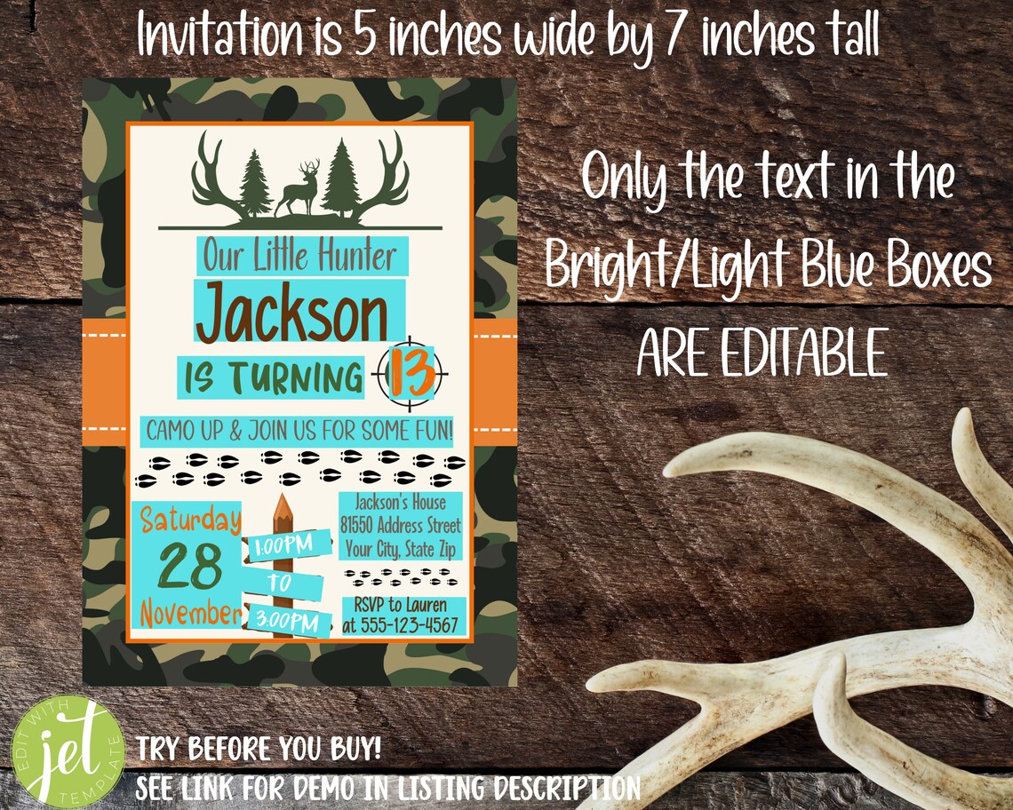 Editable Hunting Birthday Invitation, Camo Birthday Invitation, Deer ...