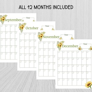 Sunflower Undated Monthly Planner, Digital Planner, Printable Planner ...