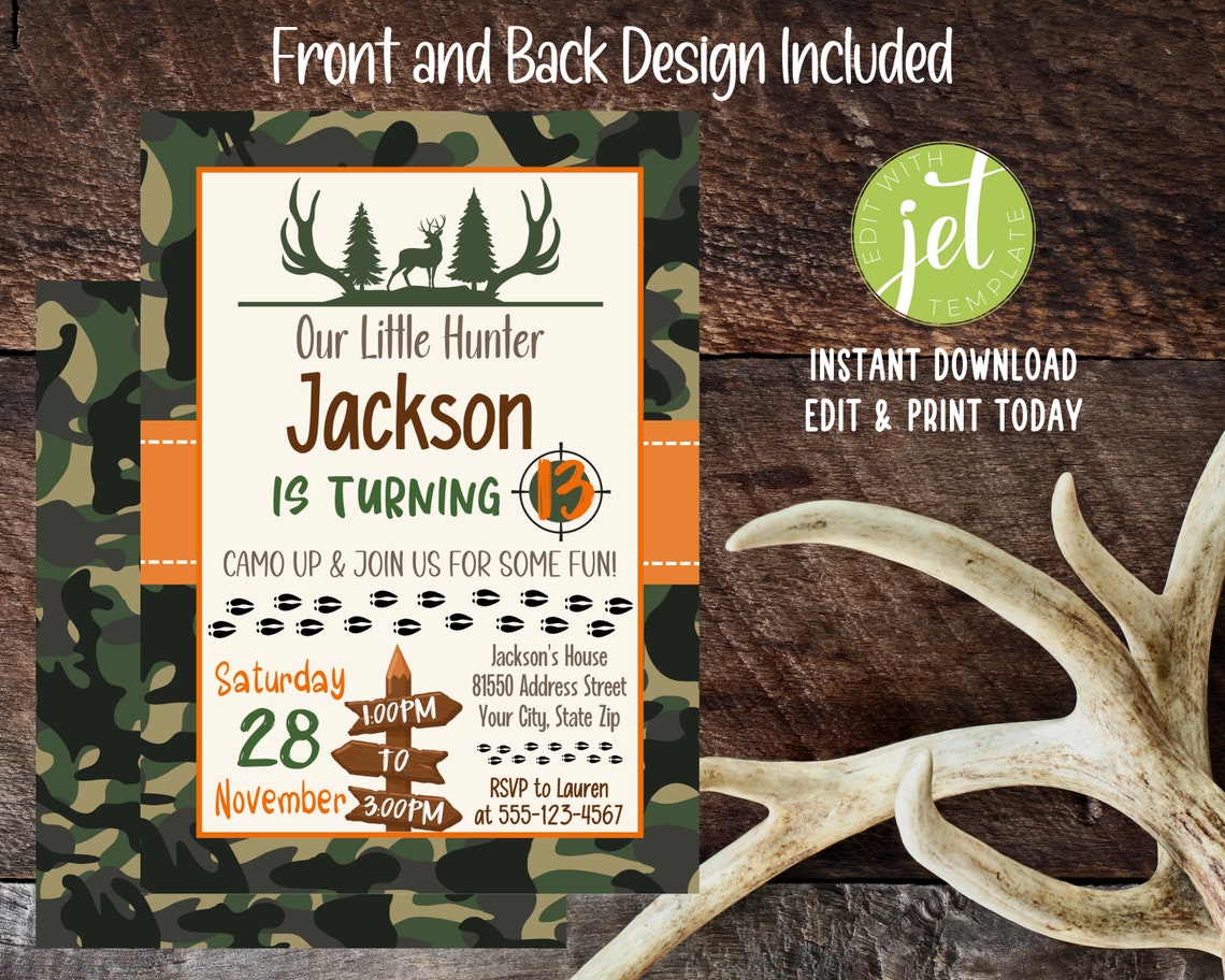 Editable Hunting Birthday Invitation, Camo Birthday Invitation, Deer ...