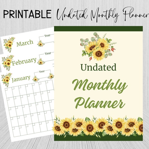 Sunflower Undated Monthly Planner, Digital Planner, Printable Planner ...