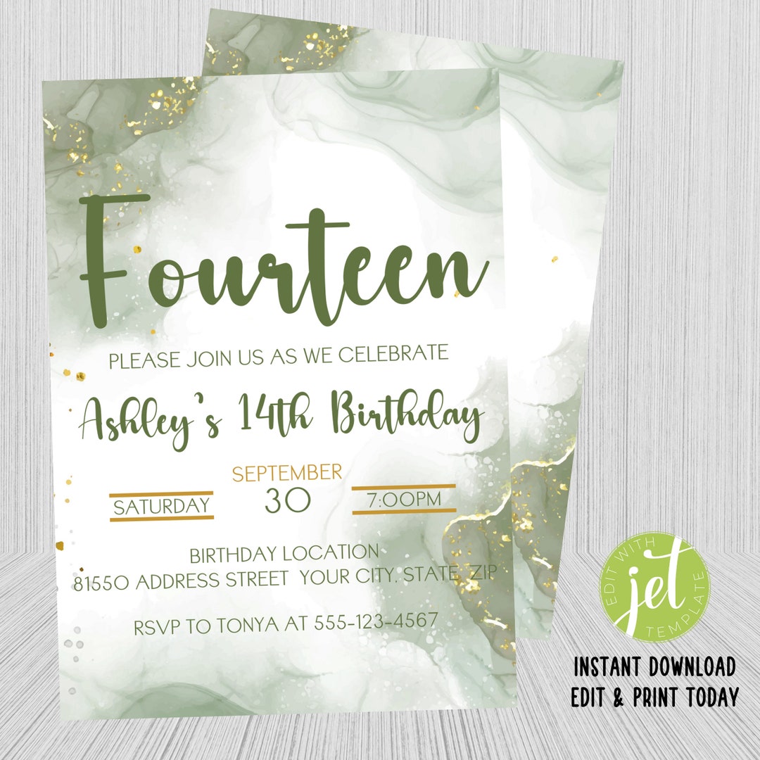Editable Green Birthday Invitation, Green Lover, Green and Gold, Party ...