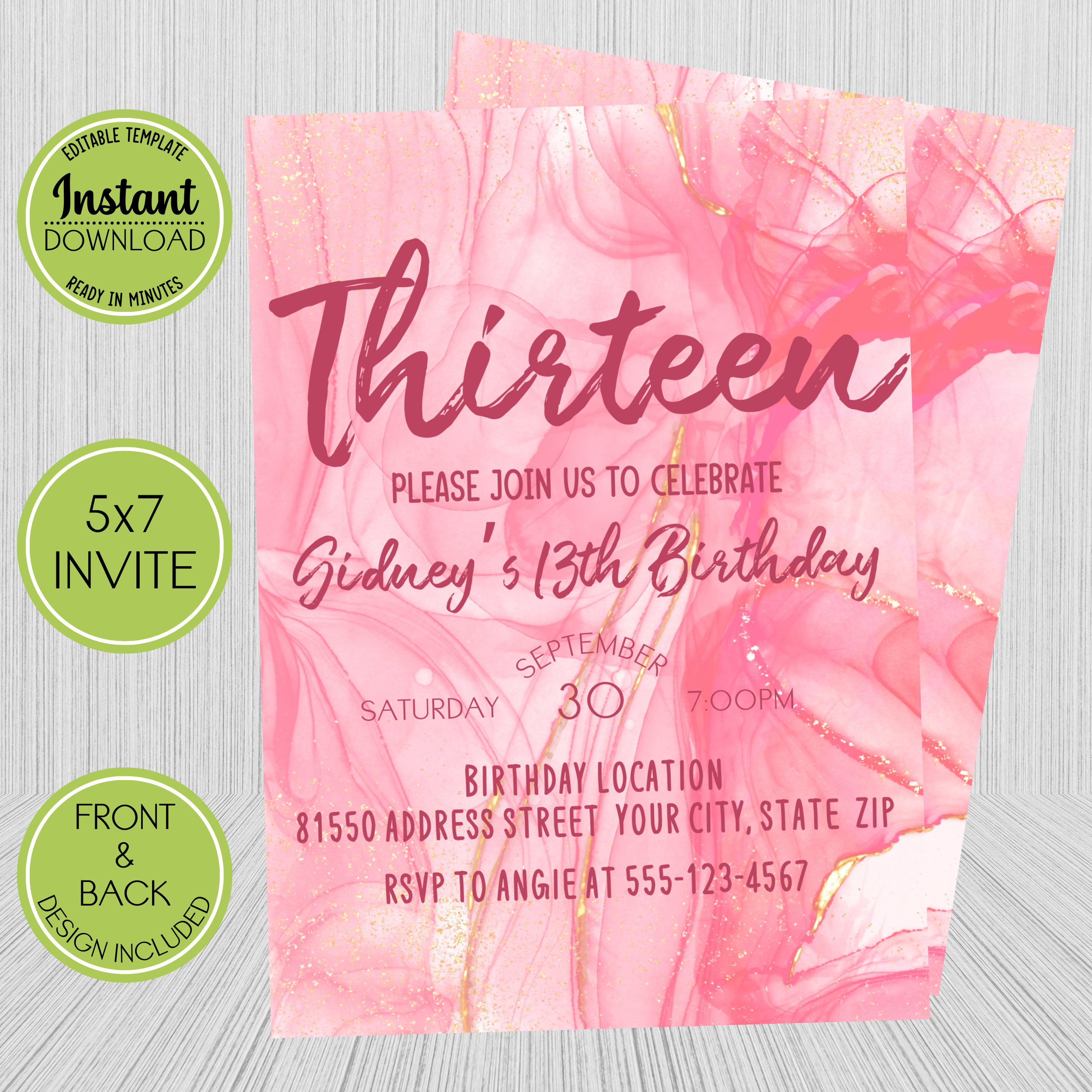 Editable Pink Birthday Invitation, Pink Lover, Pink and Gold, Party ...