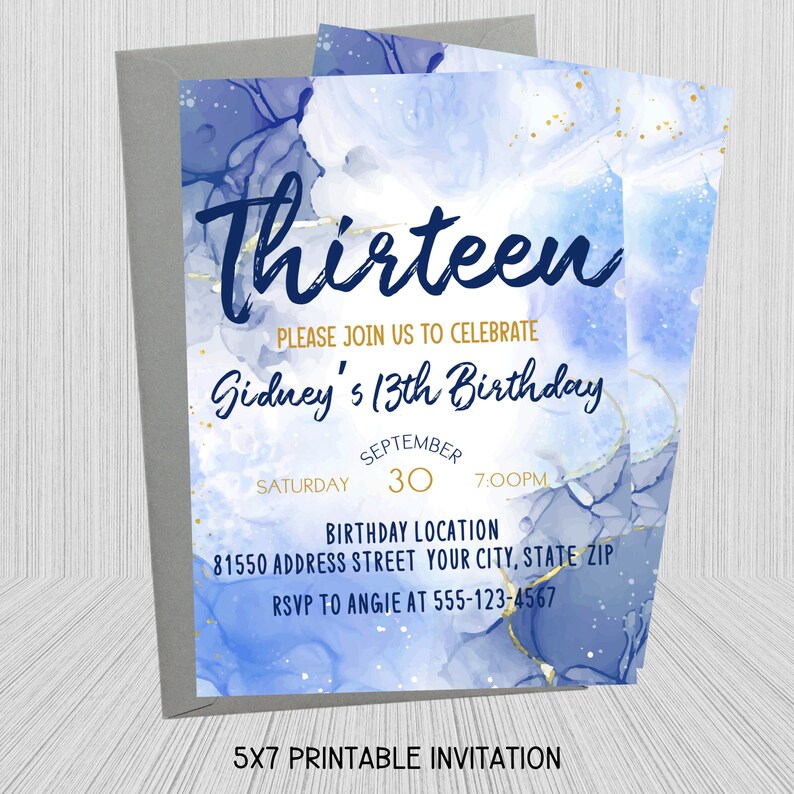 Editable Blue Birthday Invitation, Blue Lover, Blue and Gold, Party ...