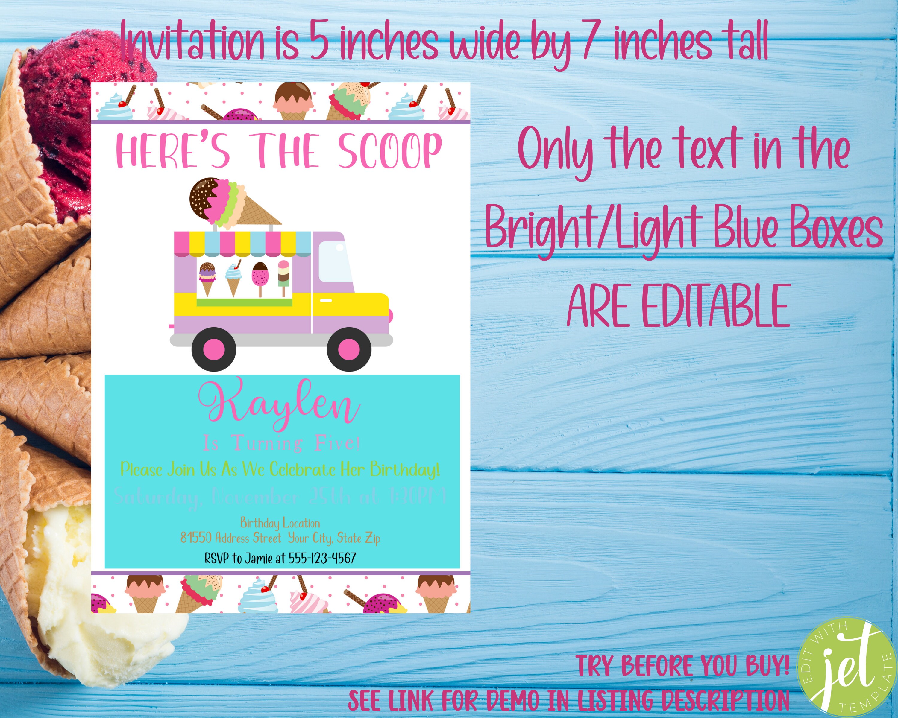 Editable Ice Cream Birthday Invitation, Here's the Scoop, Ice Cream ...