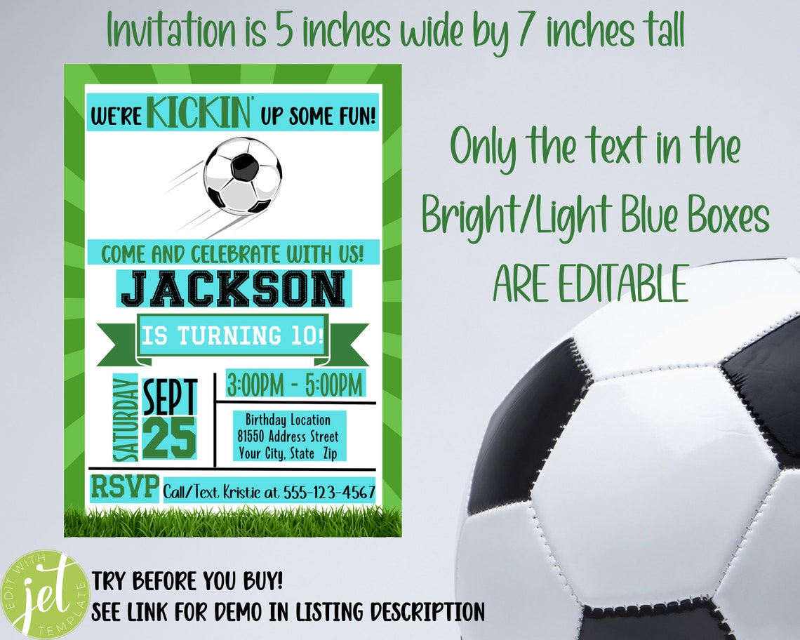 Editable Soccer Invitation, Soccer Birthday Invitation, Soccer ...