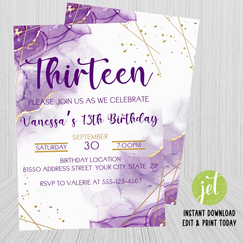 Editable Purple Birthday Invitation, Purple Lover, Purple and Gold ...