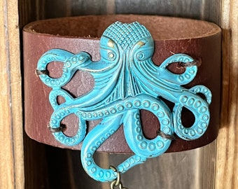 Octopus Leather Cuff/bracelet With Hand Drawn Pyrographic Detailing ...