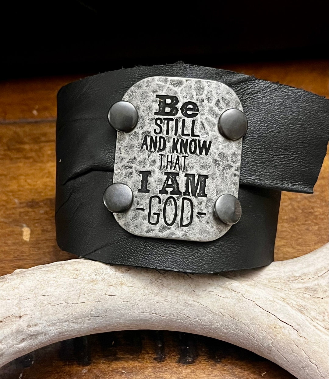 8” Black Leather Cuff With “be Still and Know That I Am God” Stamped ...