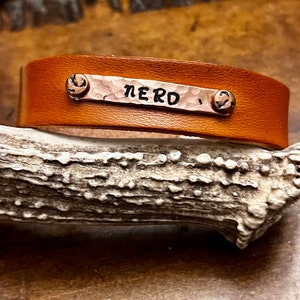 Brown Leather Bracelet With “nerd” Hand Stamped. Adjusts 7.5”-8.5” - Etsy