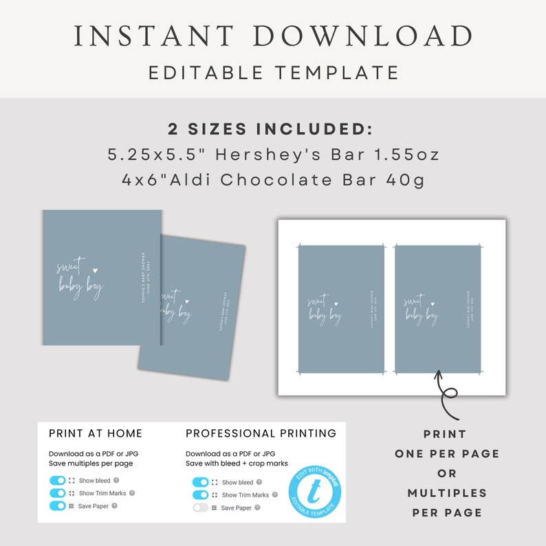 Blue Baby Shower Candy Bar Wrapper: Editable Template (digital Download ...