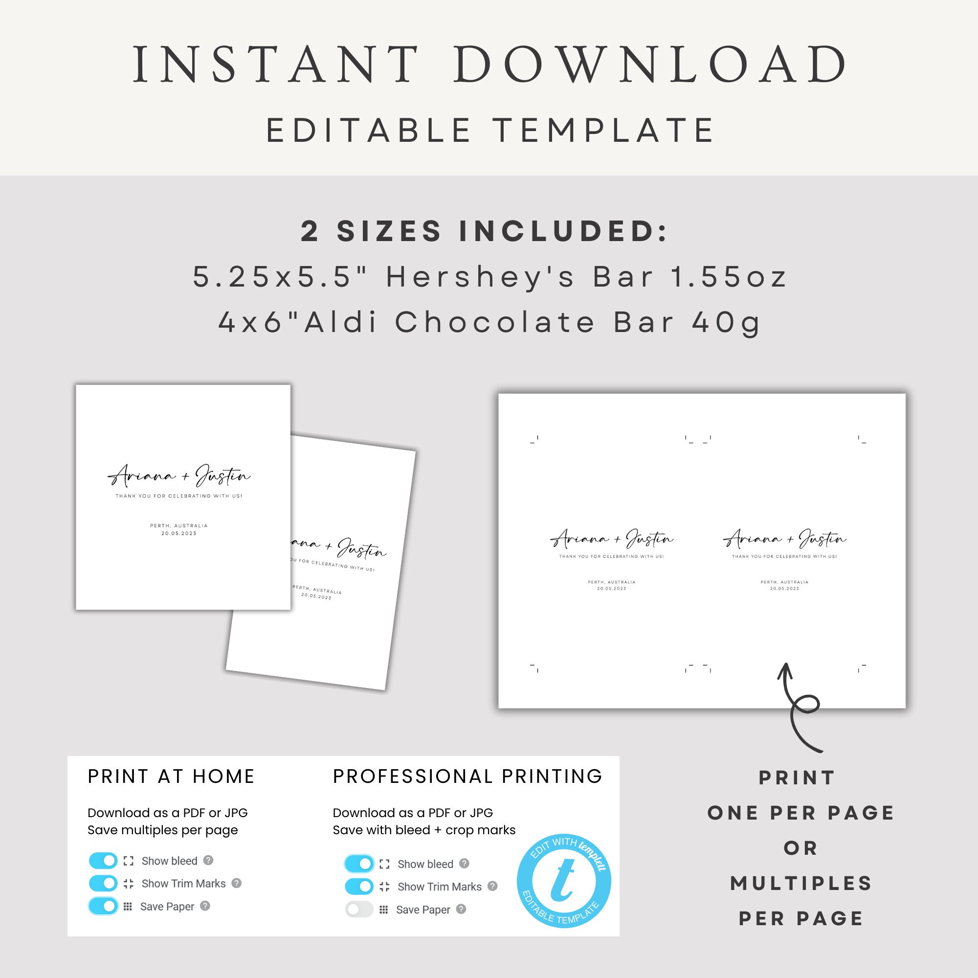 Printable Candy Bar Wrapper Template, Instant Download, Editable, Chocolate Wrapper, Wedding ...