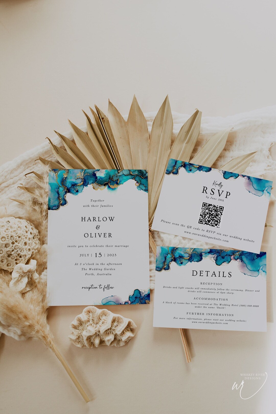 Blue & Gold Wedding Invitation Suite: Editable Template (digital ...