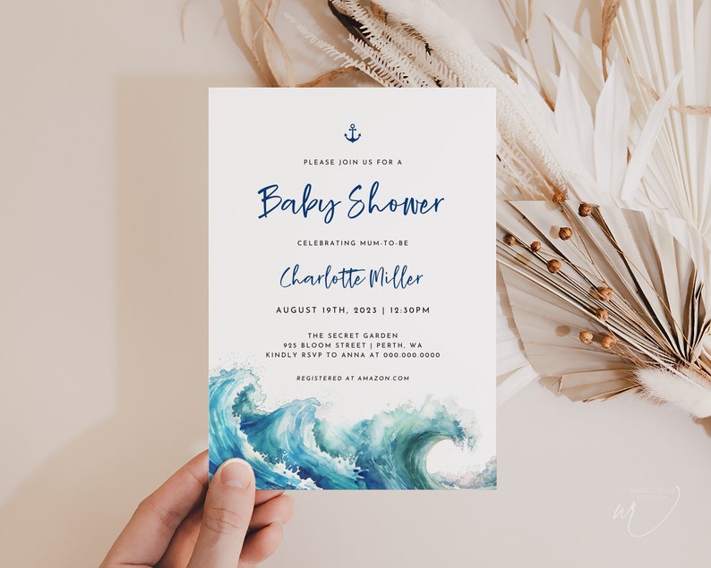 Beach Baby Shower Invitation Template, Beach Waves Baby Shower Invite ...
