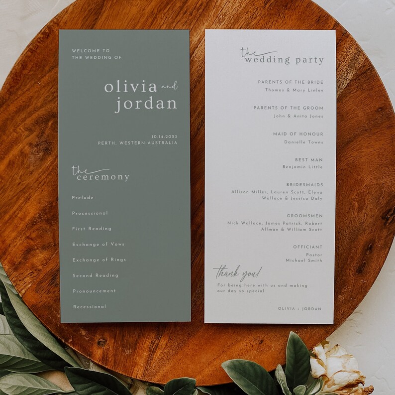 Sage Green Wedding Program Template: Minimalist Order of Ceremony ...