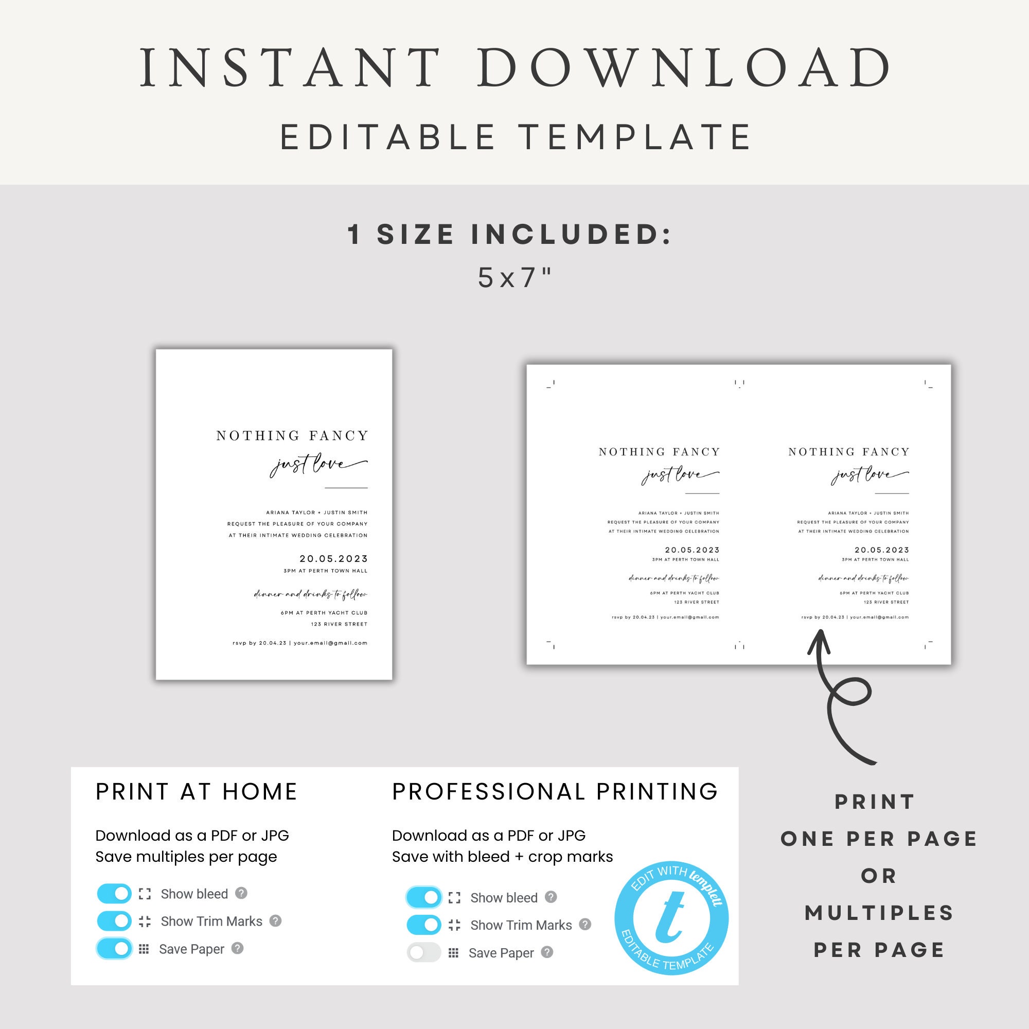 Intimate Wedding Invitation Template, Instant Download, Editable ...